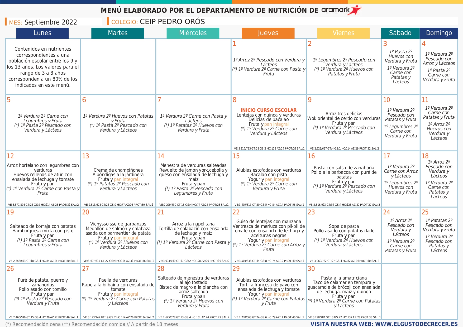 MENÚ DE SEPTIEMBRE – CEIP "Maestro Don Pedro Orós"